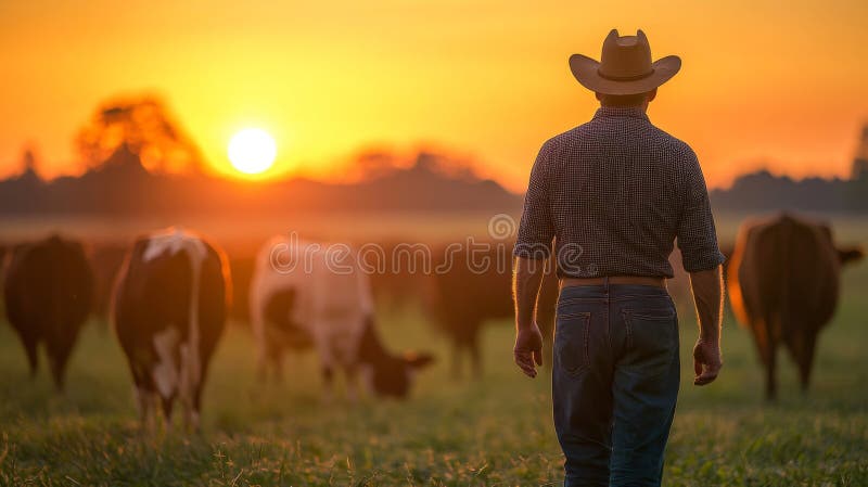 Cowboy Walking through a Field of Cows at Sunset Stock Illustration ...