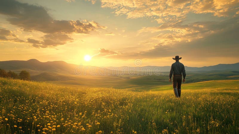 Cowboy Walking in a Golden Prairie at Sunset Stock Illustration ...