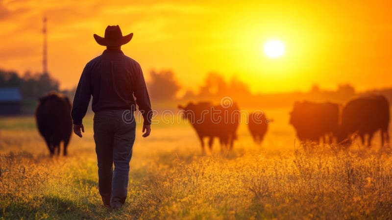Cowboy Walking Toward Cattle at Sunset Stock Illustration ...