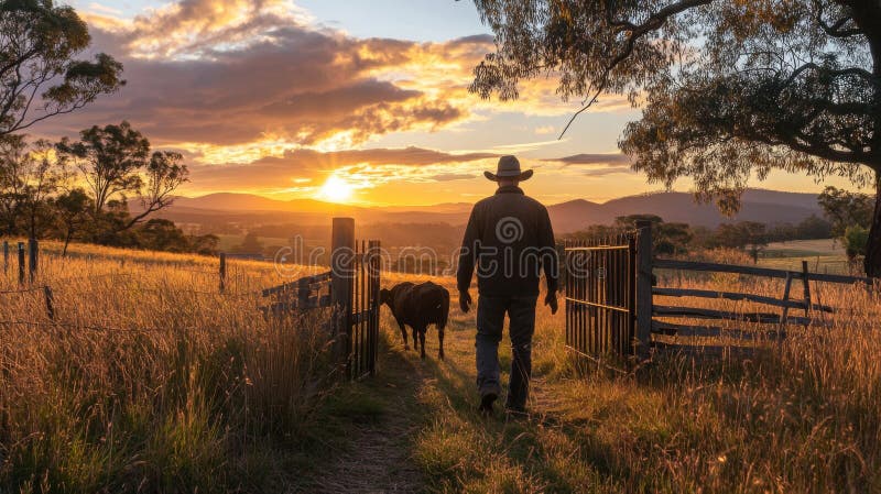 Cowboy Walking Towards the Sunset with Cattle Stock Illustration ...