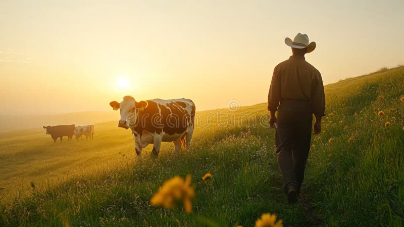 A Cowboy Walks through a Field at Sunset with Cows Stock Image - Image ...