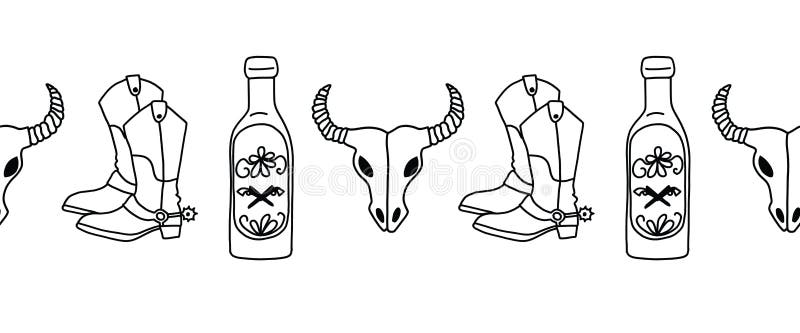 Cowboy Wild West Seamless Vector Border. Cowboy Boots, Bull Skull, Beer ...