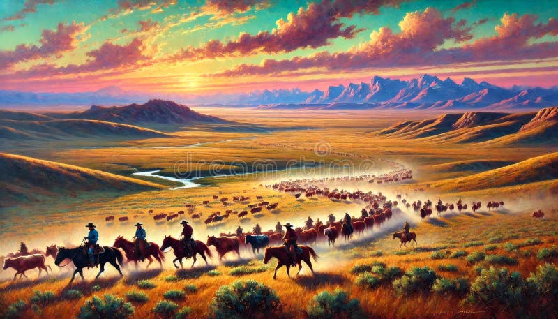 Cowboys Herding Cattle Across the Plains at Sunset Stock Photo - Image ...