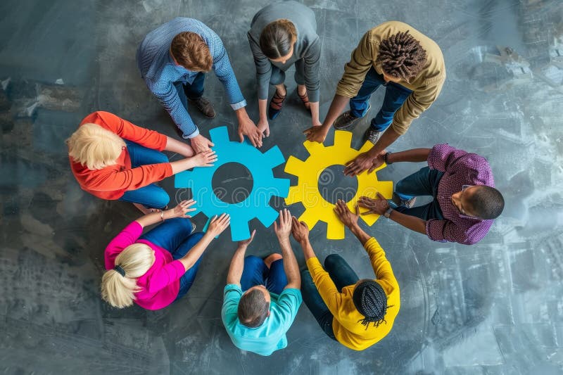 Coworkers Collaborate Around Gear Cutouts, Symbolizing Teamwork in the ...