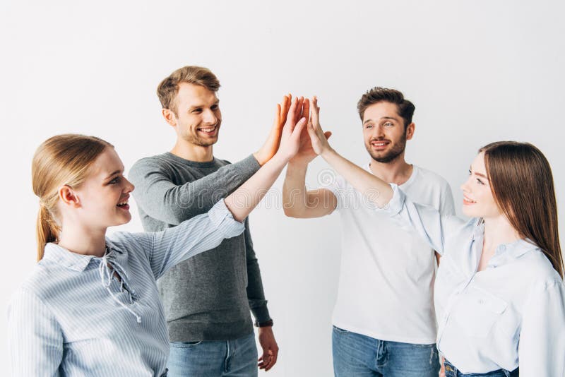 Coworkers High Five and Smiling in Office Stock Image - Image of smile ...