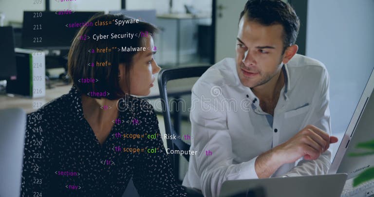 Coworkers Reviewing HTML Cybersecurity Code in Open-plan Office, with Computer Monitor Stock ...