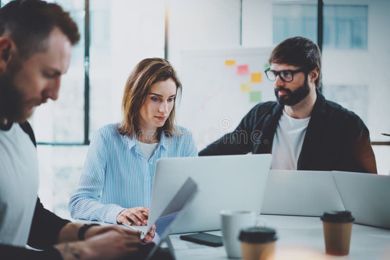 Coworkers Team Working with Mobile Computer at Modern Office.Horizontal ...