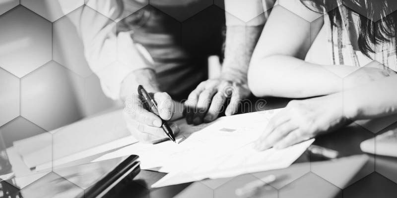 Coworkers Working on Business Report, Light Effect, Geometric Pattern ...