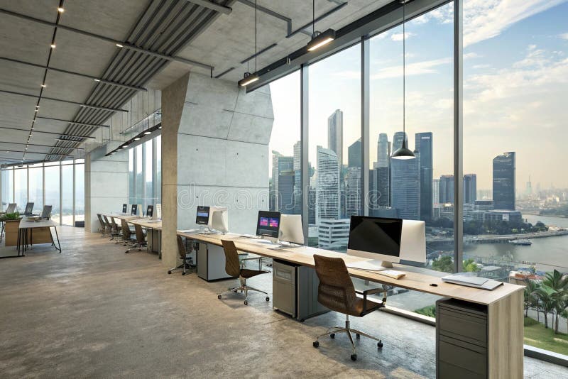 Coworking Interior with Computers and Panoramic Window View Stock ...