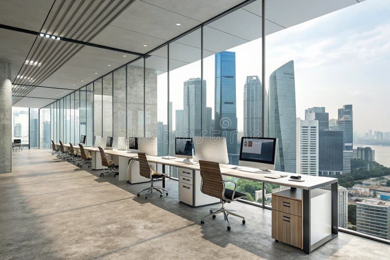 Coworking Interior with Computers and Panoramic Window View Stock ...