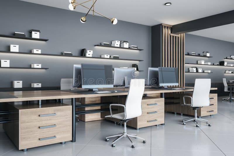 Coworking Office and Computers on Wooden Table with Stock Illustration ...