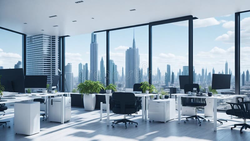 Coworking Office Interior with Computers and Megapolis City View ...