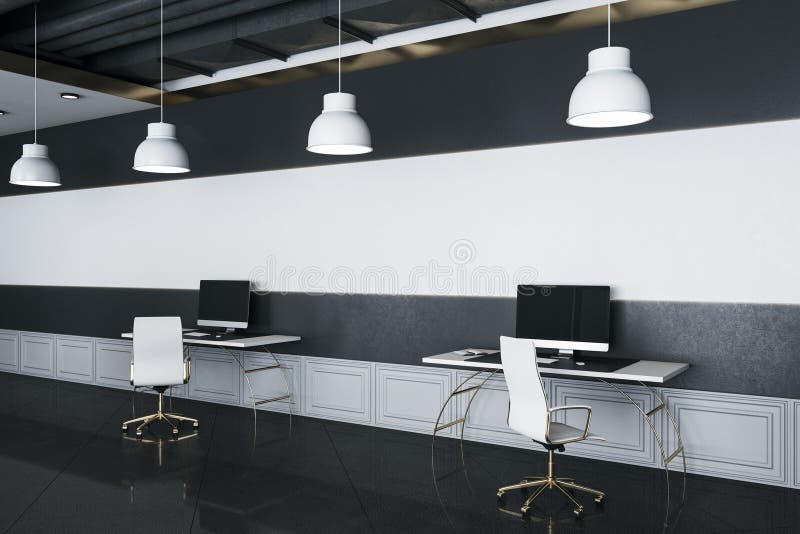 Coworking Office Interior with Workplace and Computers on Table Stock ...