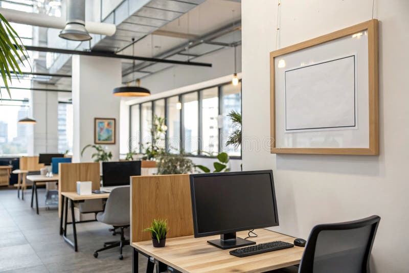 Coworking Office Interior with Workplaces and Blank Frame Stock ...