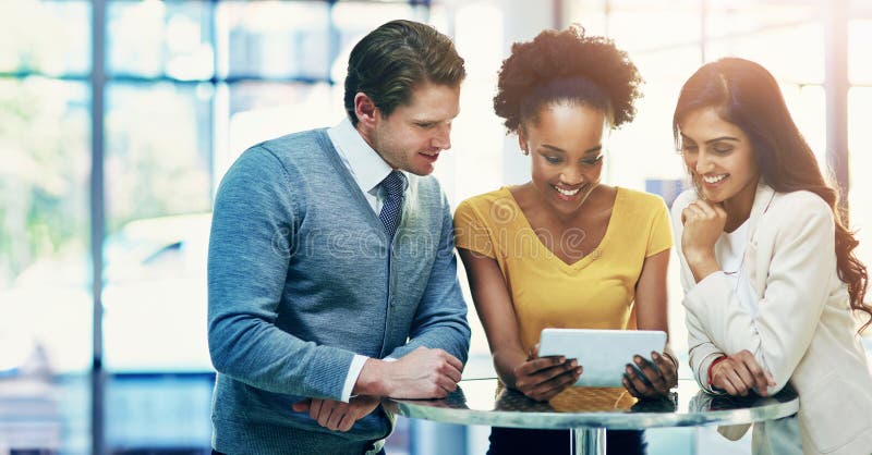 Coworking, Office and People Reading with Tablet for Teamwork, Feedback ...