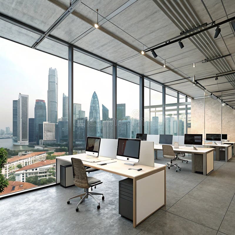 Coworking Space with PCs and Panoramic Window View Stock Photo - Image ...