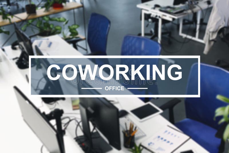 Coworking Text Over Modern Office, Comfortable Workplace Interior Stock ...