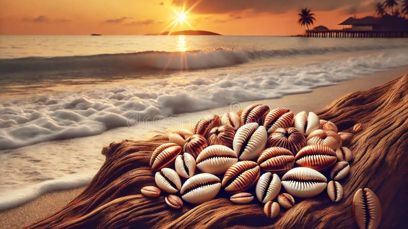 Cowrie Shells Arranged on Driftwood Stock Illustration - Illustration of coastal, ocean: 329623386