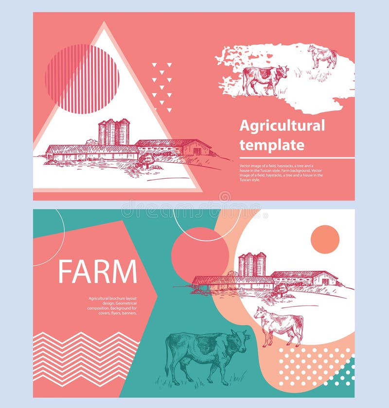 Cows, Barn and Grain Elevator. Set of Agricultural Banners Stock Vector ...