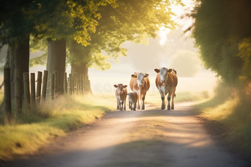 Cows and Calves Walking through a Sunlit Path Stock Image - Image of ...