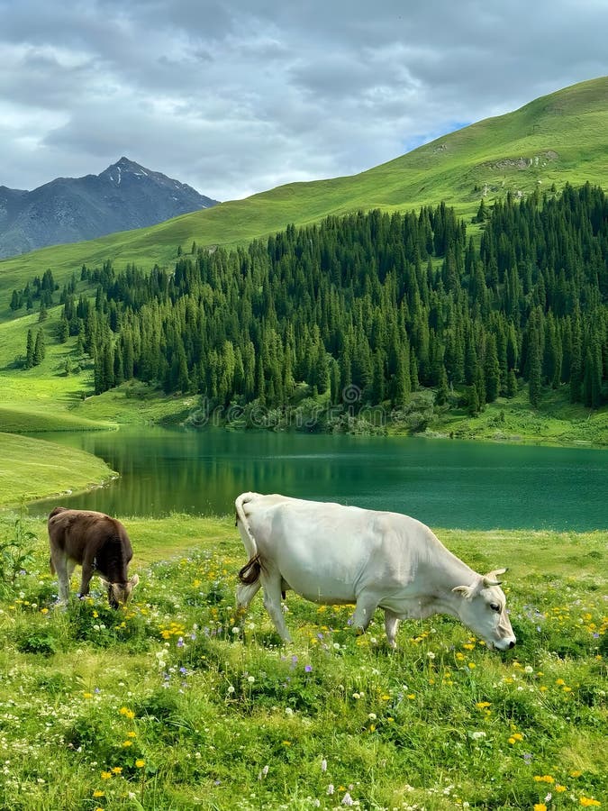 Cows Eating Grass in a Open Field Stock Photo - Image of rural, bovine ...