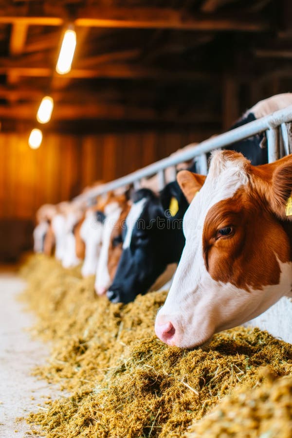 Cows Enjoying Hay in a Warm and Rustic Dairy Farm Setting Stock Image ...