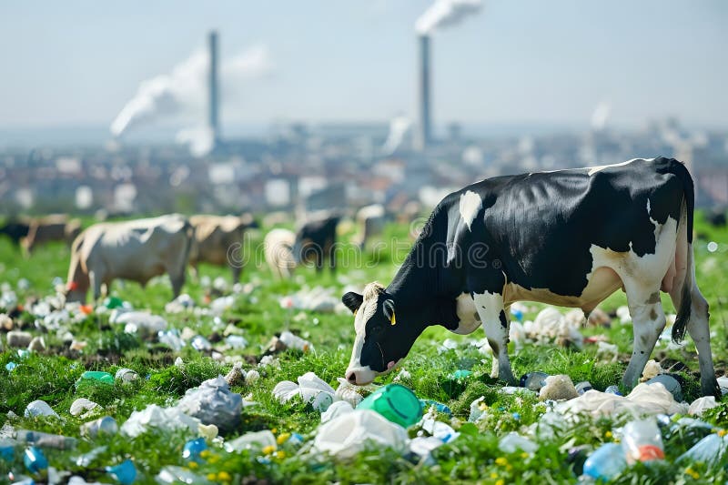 Pollution and Cows. Animals Graze Amidst Waste and Environmental ...