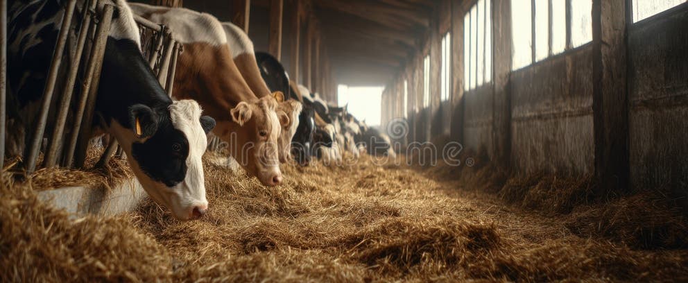 The Cows Feeding Peacefully in a Rustic Barn Filled with Straw. AI ...
