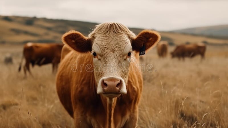 Cows in the Field, One Cow Looks at the Camera. Generative AI Stock ...
