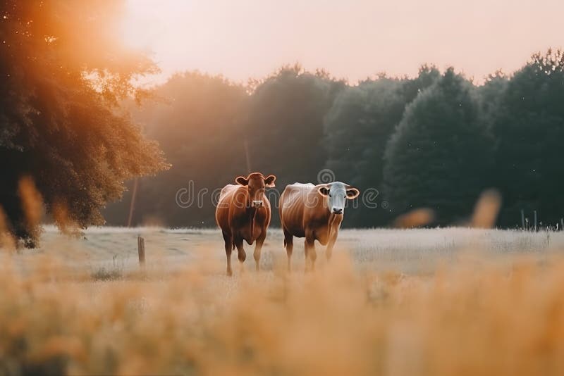 Cows in Field Sunset in the Evening. Neural Network AI Generated Stock ...