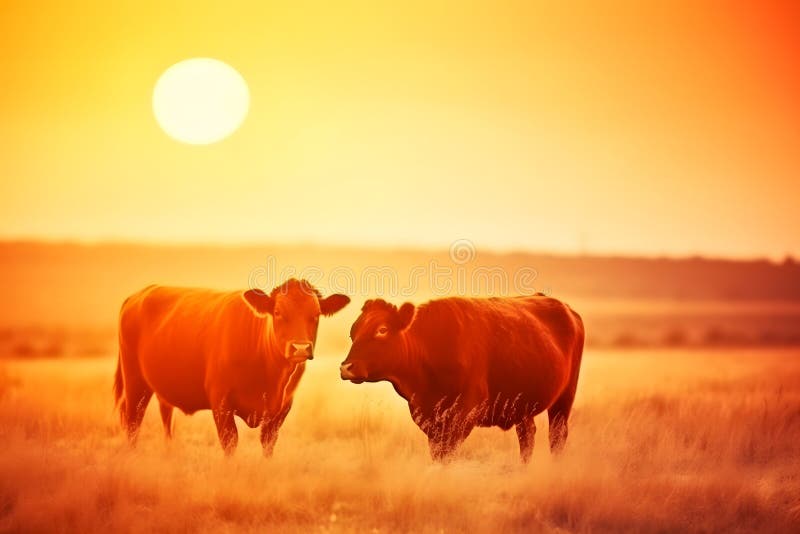 Cows in Field Sunset in the Evening. Neural Network AI Generated Stock ...