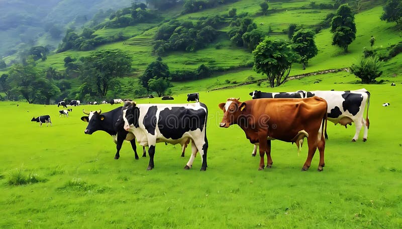 Cows Graze on a Lush Green Pasture Against a Backdrop of Rolling Hills ...