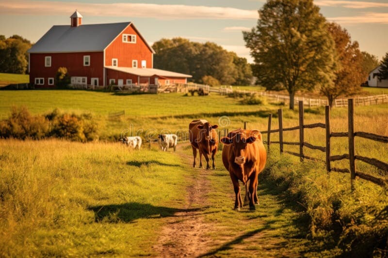 Cows Graze Next To the Farm on a Sunny Day Stock Illustration ...
