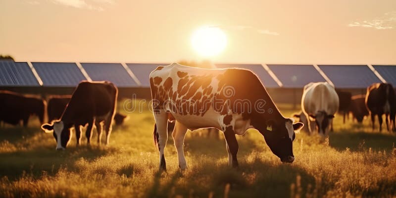 Cows Grazing in the Evening Sun in Front of Solar Panels Stock ...