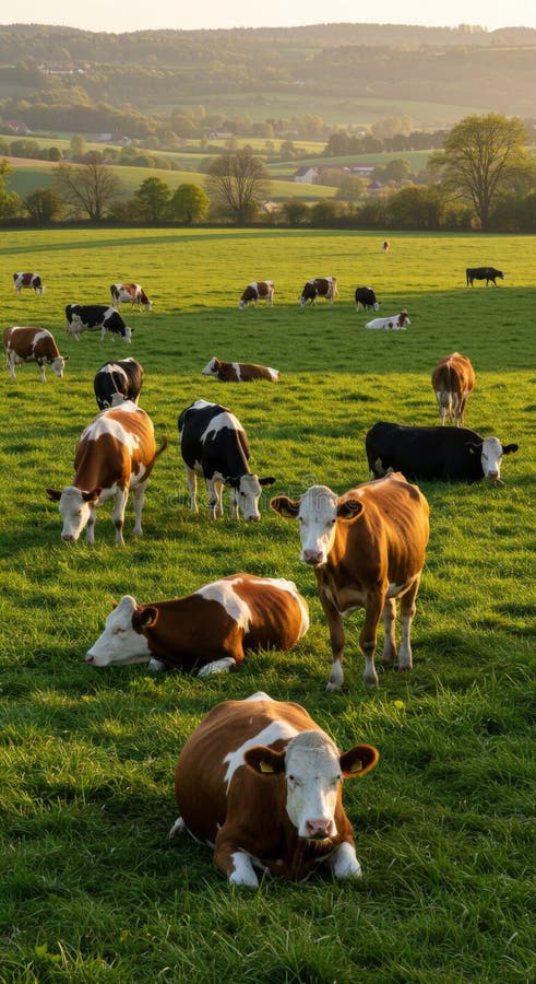 Cows Grazing in a Lush Green Pasture at Sunset Stock Illustration ...
