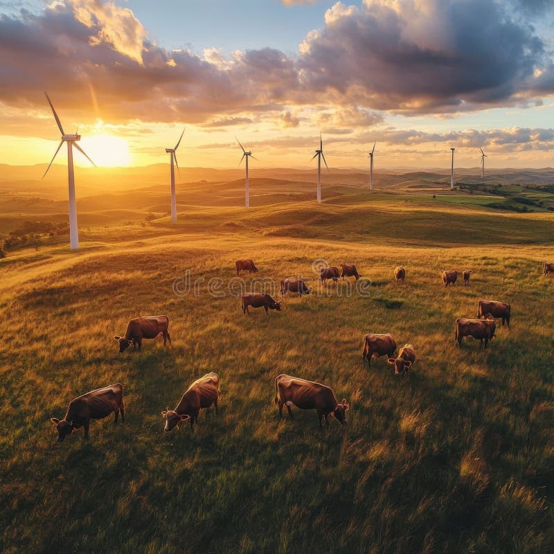 Cows Grazing in Rolling Hills with Wind Turbines at Sunset Stock Image ...
