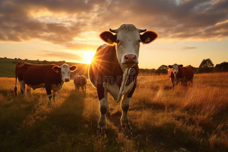 Cows Grazing at Sunset on a Farm Stock Illustration - Illustration of ...