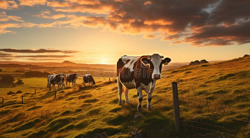 Cows Grazing at Sunset on a Farm Stock Illustration - Illustration of ...