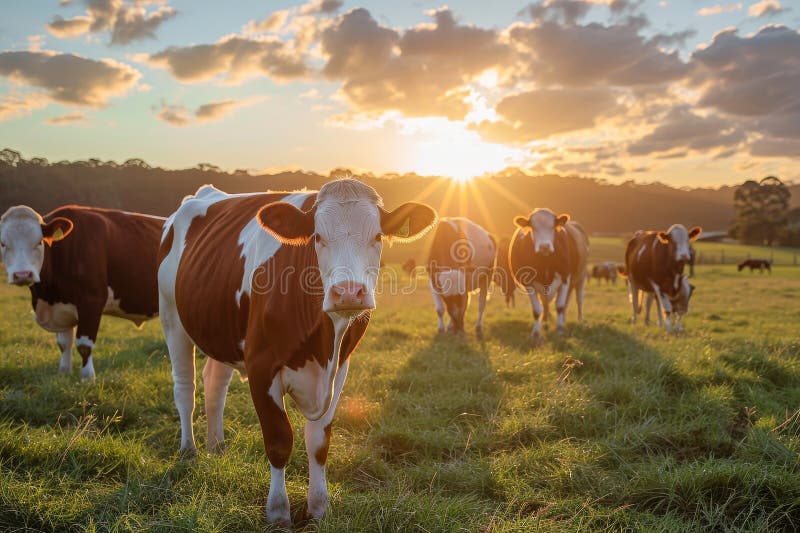 Cows Grazing at Sunset on a Farm Stock Illustration - Illustration of ...