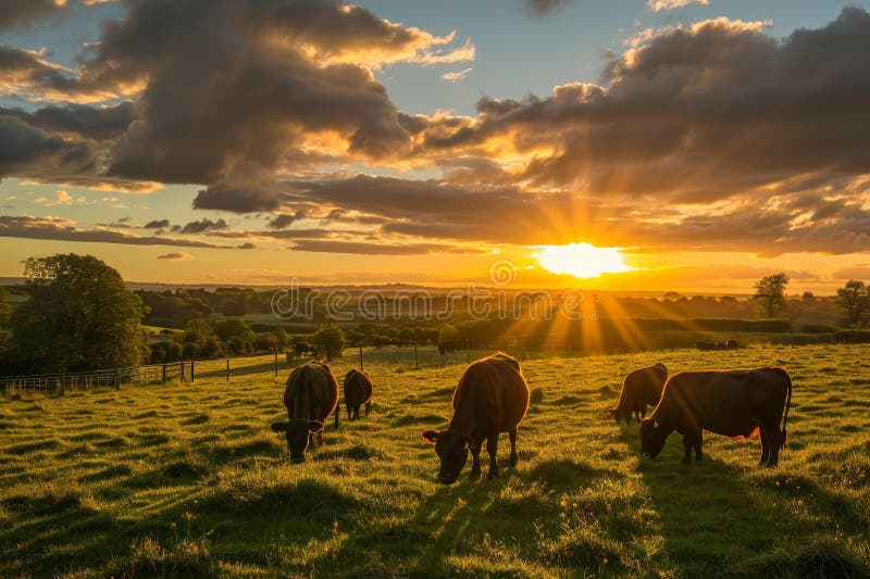 Cows Grazing at Sunset on a Farm Stock Illustration - Illustration of ...