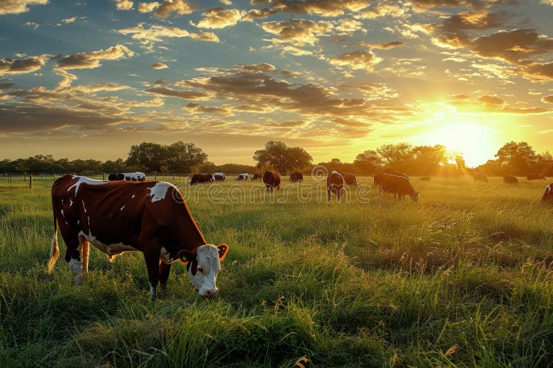 Cows Grazing at Sunset on a Farm Stock Illustration - Illustration of ...