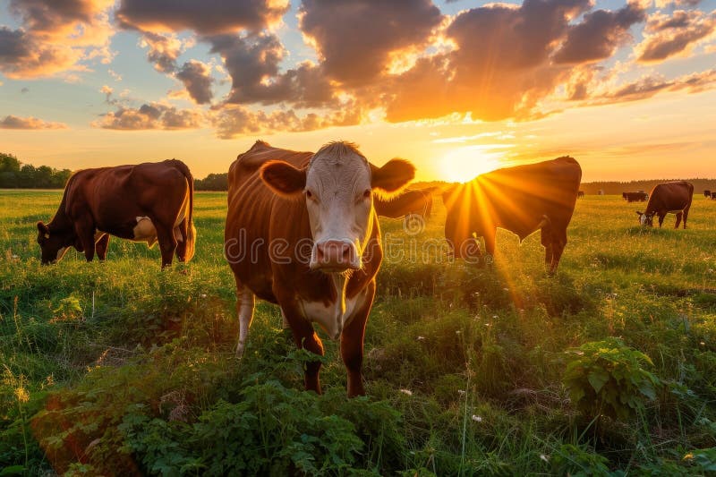 Cows Grazing at Sunset on a Farm Stock Illustration - Illustration of ...