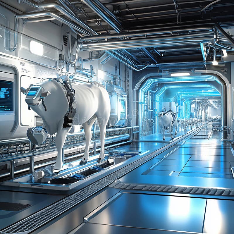 Futuristic Farm with Robotic Cows in a High-tech Facility. Generative ...