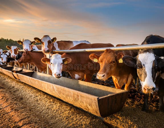Cows Lined Up Along a Feeding Trough with a Focus on Synchronized ...