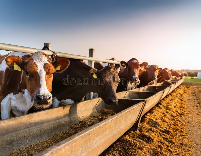 Cows Lined Up Along a Feeding Trough with a Focus on Synchronized ...