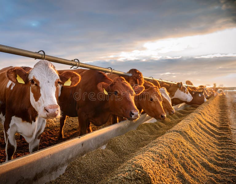 Cows Lined Up Along a Feeding Trough with a Focus on Synchronized ...