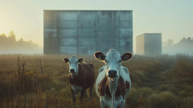 Cows Look at a Large Gray Cube in a Field. Data Center Futuristic Cube ...
