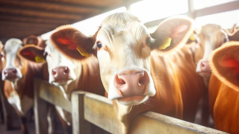 Cows Looking Over Fence in Barn at Dairy Farm Stock Illustration ...