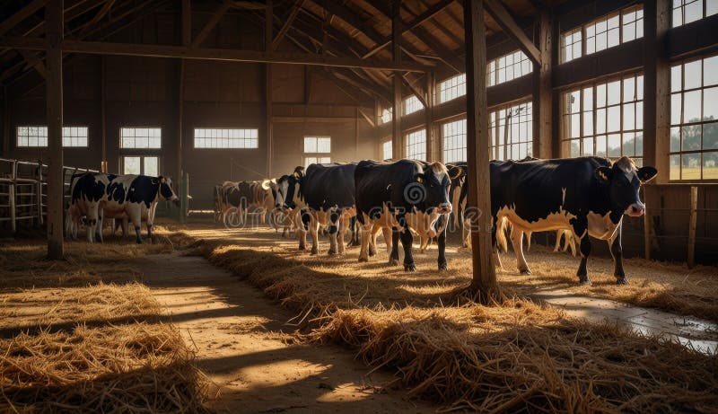 Cows in Rustic Barn Setting Stock Illustration - Illustration of straw ...