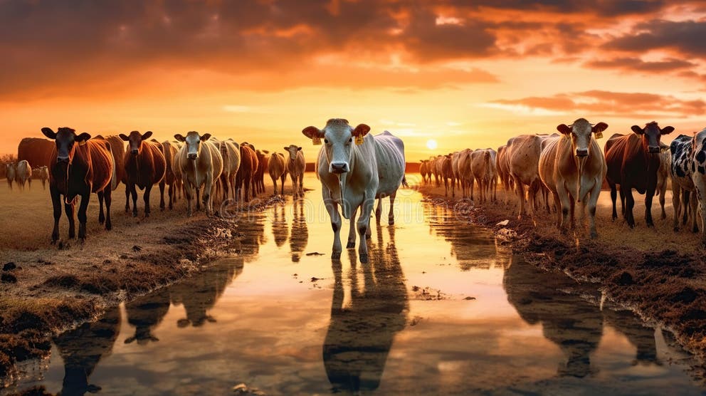 Cows in Sunset Generative AI Stock Illustration - Illustration of green ...